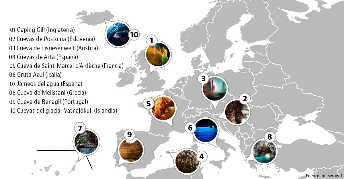 Mapa con 10 de las cuevas más bonitas de Europa — idealista/news