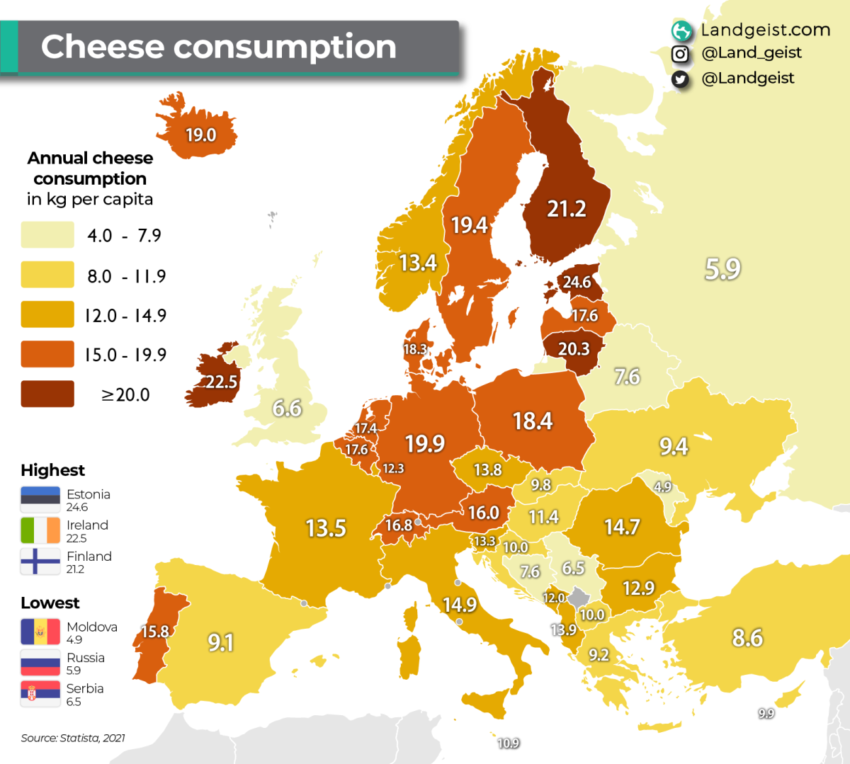 Mapa del consumo de queso en los diferentes países de Europa ...