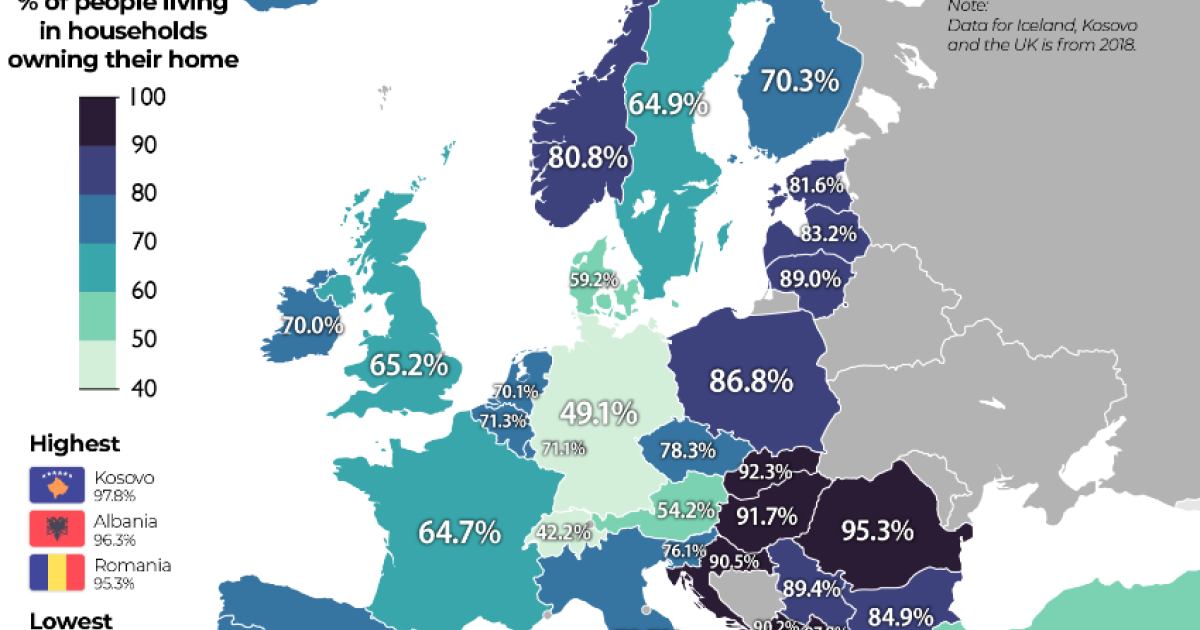 El mapa que muestra el porcentaje de vivienda en propiedad en Europa ...